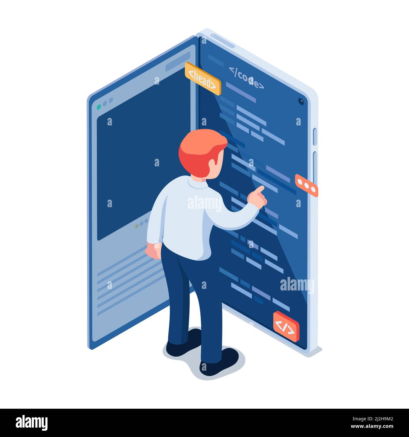 Flat 3d Isometric Businessman Editing Code Behind Social Media. Backend ...