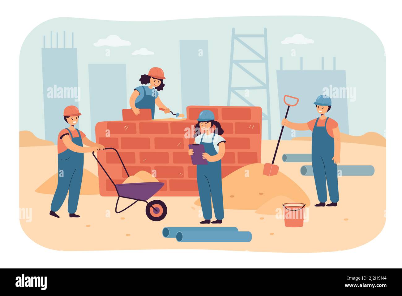 Team of happy children working as constructors. Flat vector ...