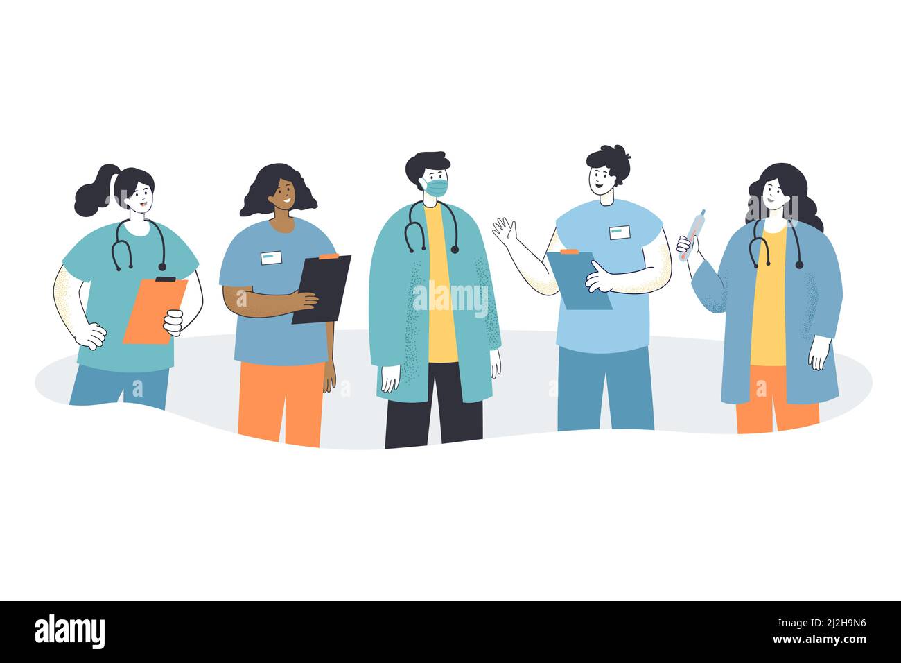 Team of cartoon hospital or clinic staff in masks. Group of male and ...