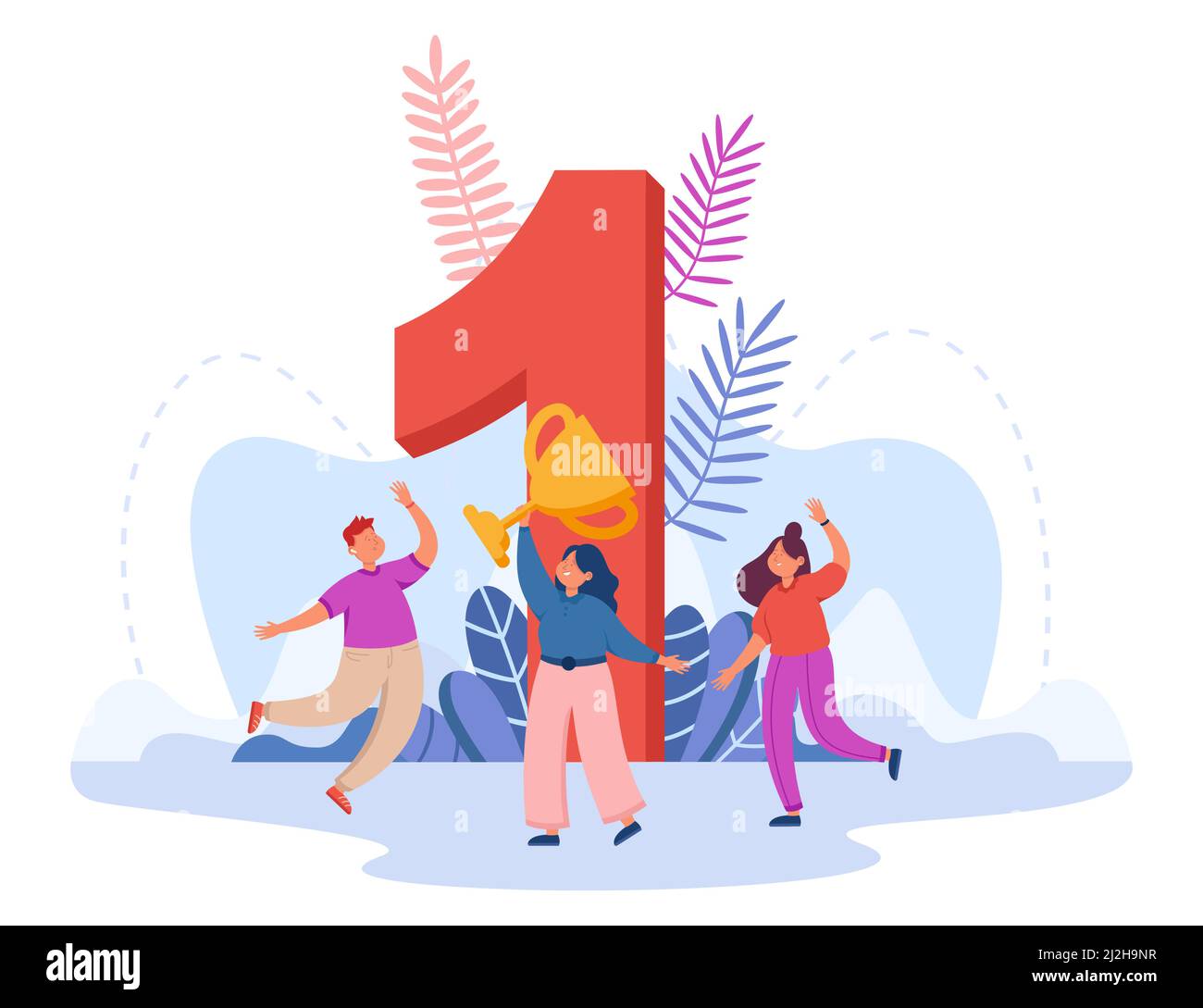 Team of happy cartoon people taking first place. Flat vector ...