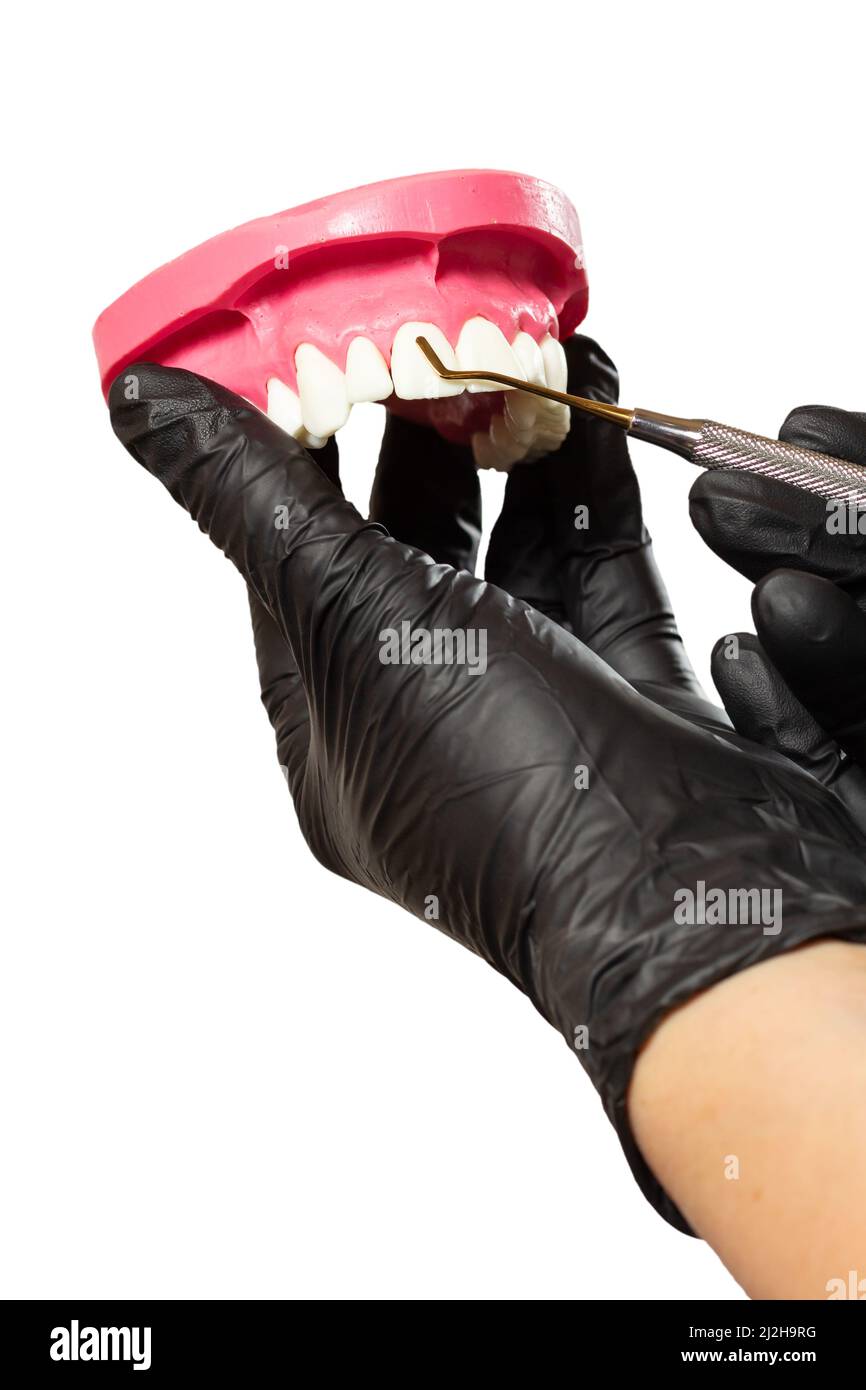 Close-up view of dentist's hands in latex gloves with a layout of the ...