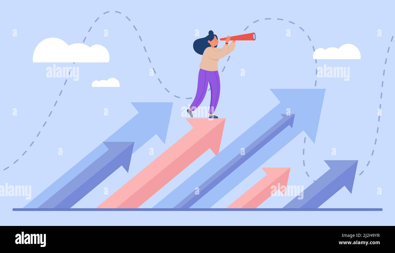 Tiny female character changing career direction. Girl with future goals ...