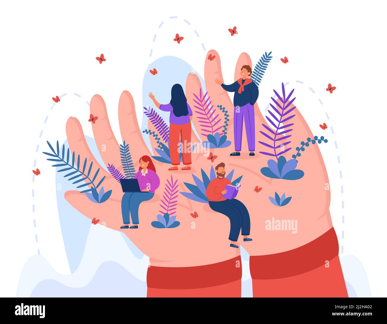 Tiny employees sitting and standing on huge hands. People working in ...