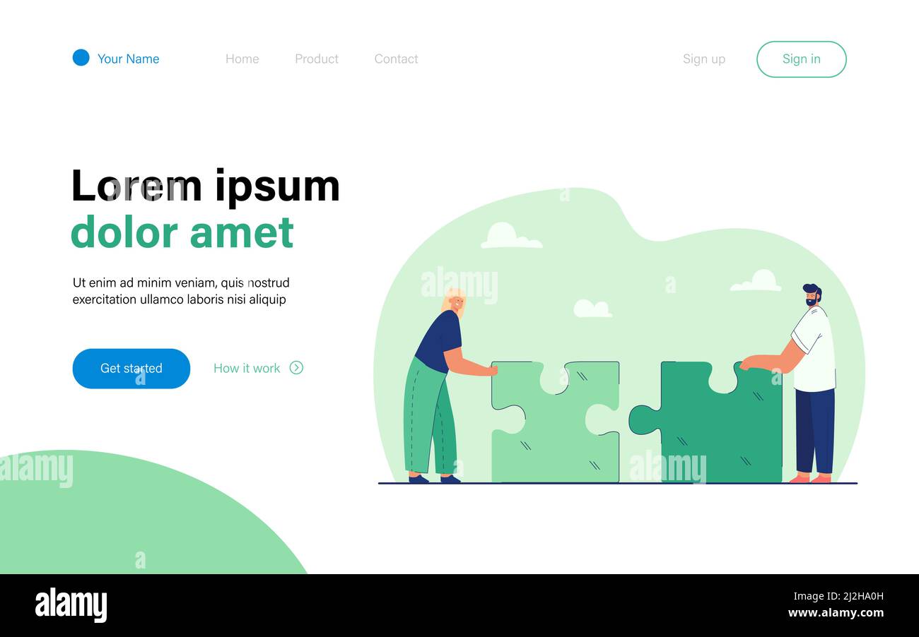 Tiny man and woman putting together giant puzzle. Flat vector ...