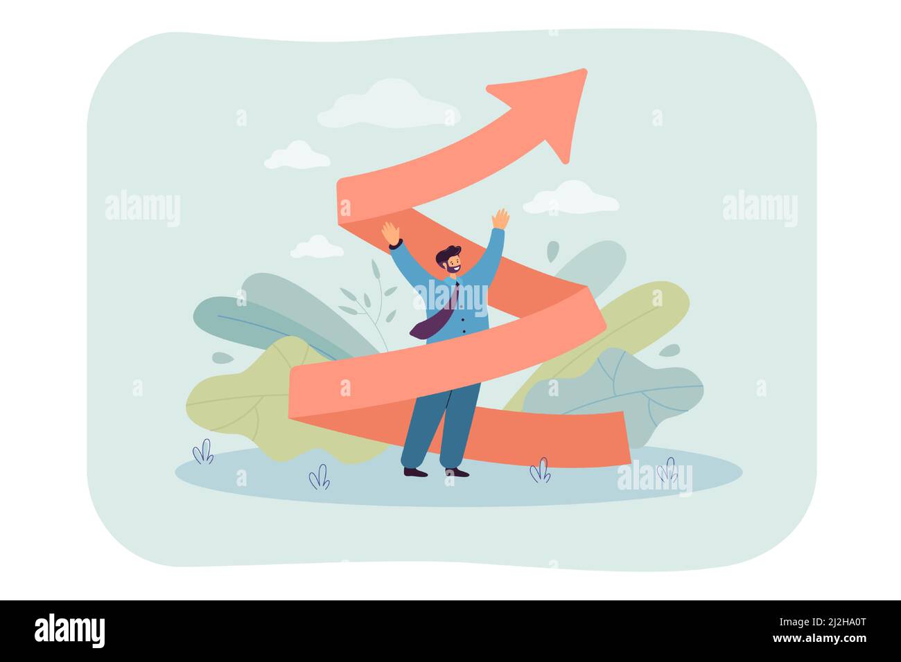 Tiny man with arrow twisted upward. Career increase, inspired business worker flat vector ...