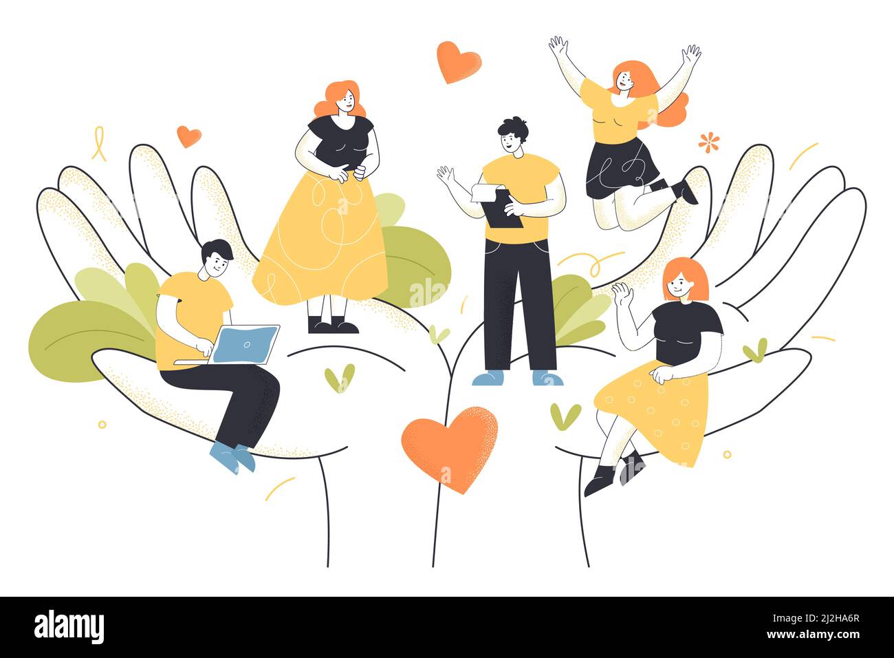 Tiny office employees working in abstract caring hands. Flat vector ...