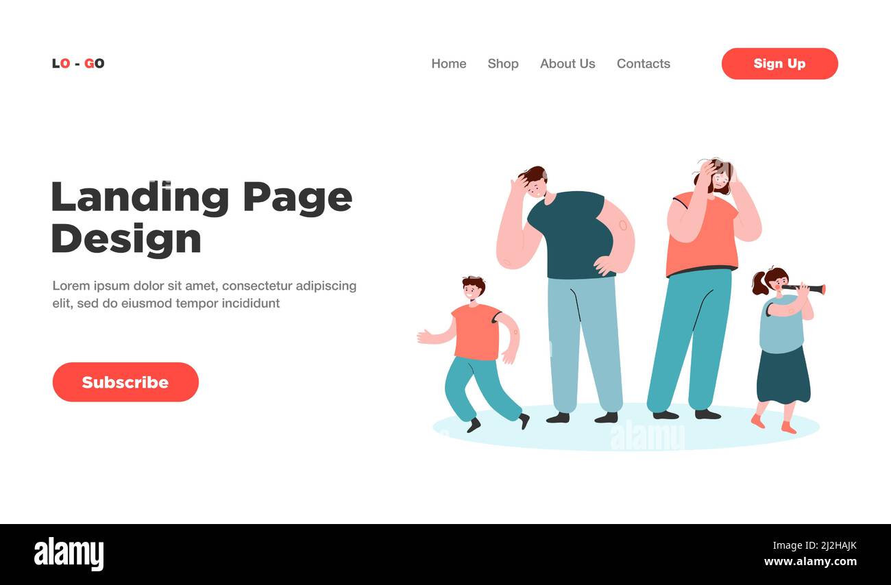 Tired parents looking at happy children isolated flat vector ...