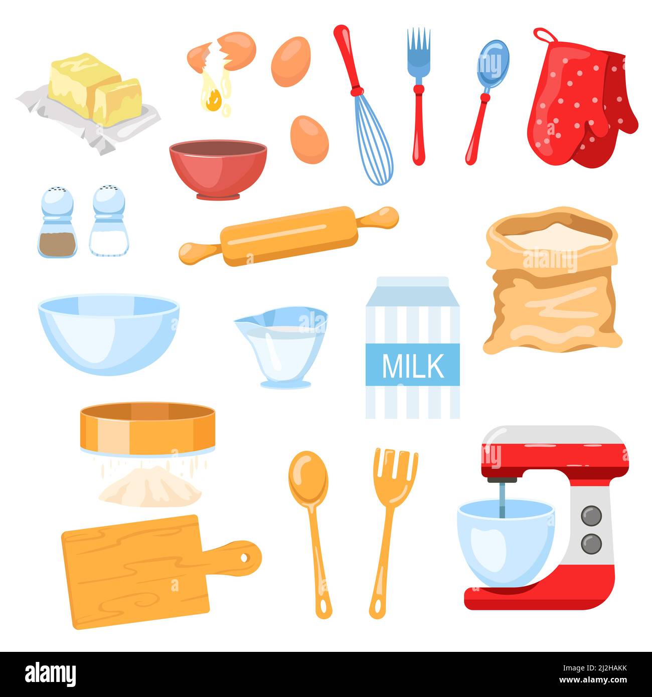 Tools and ingredients for baking vector illustrations set. Bag of flour ...