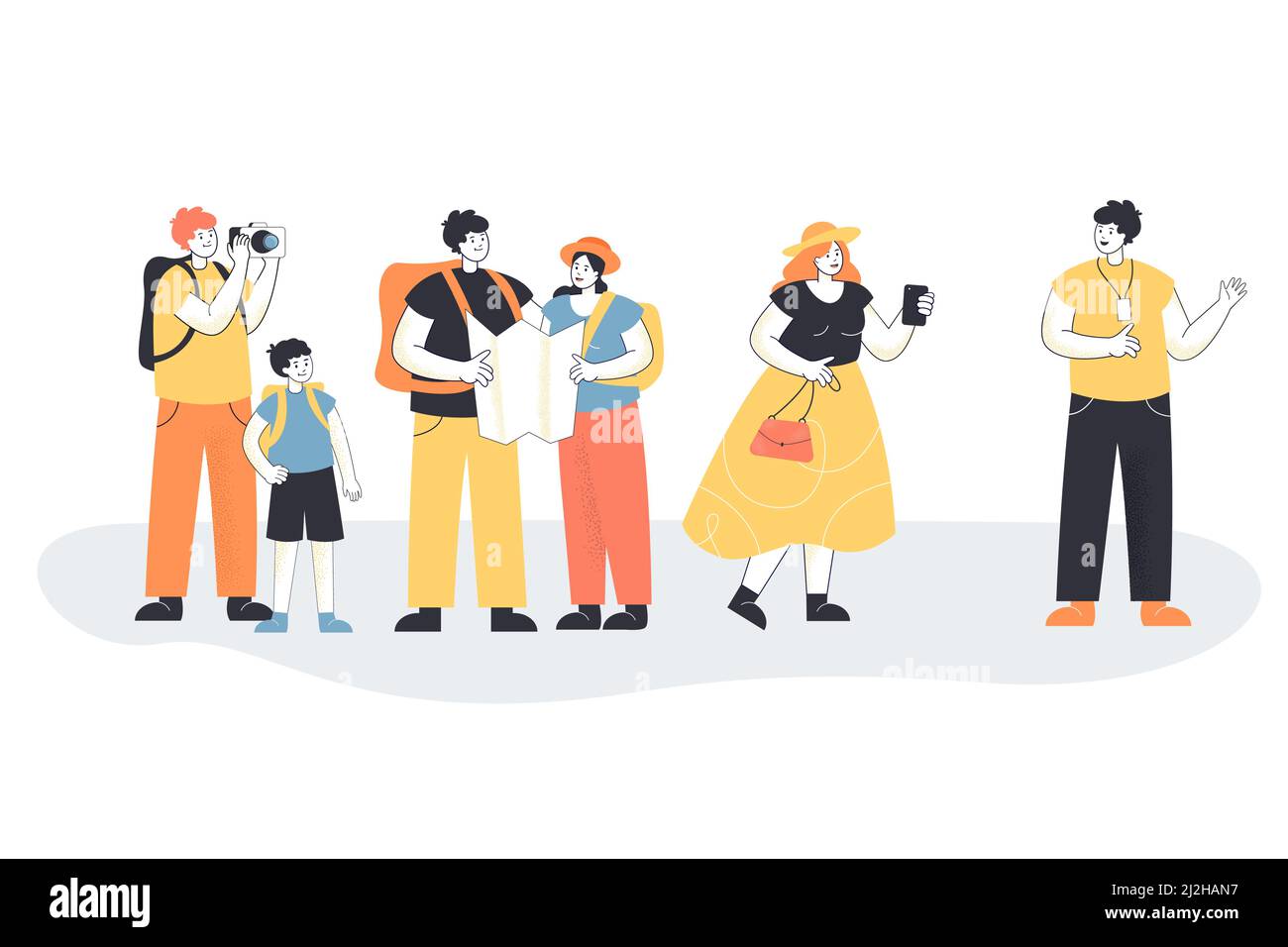 Tour guide cartoon character telling tourists about city. Group of ...