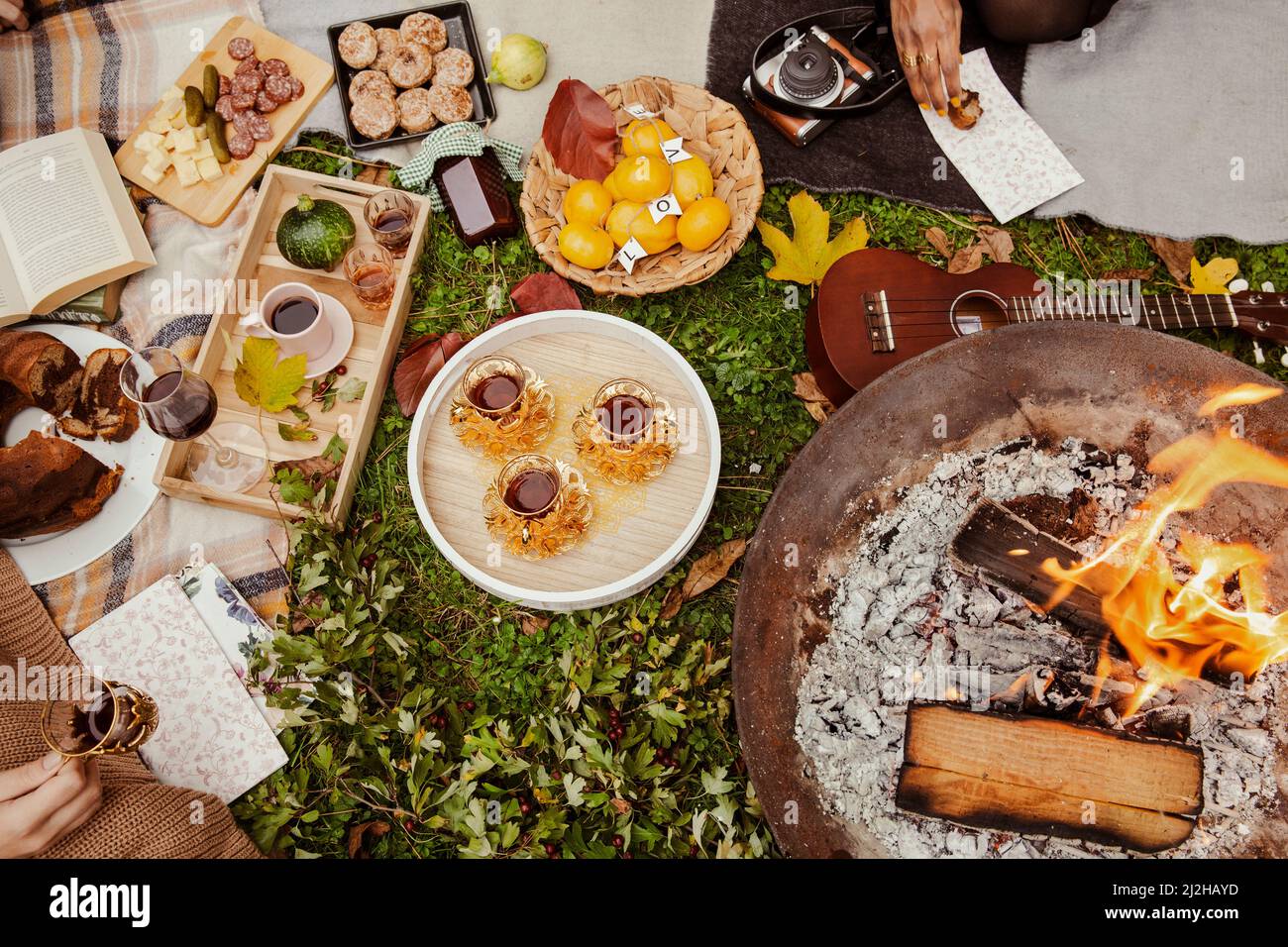 Overhead view of food at picnic around fire pit Stock Photo - Alamy