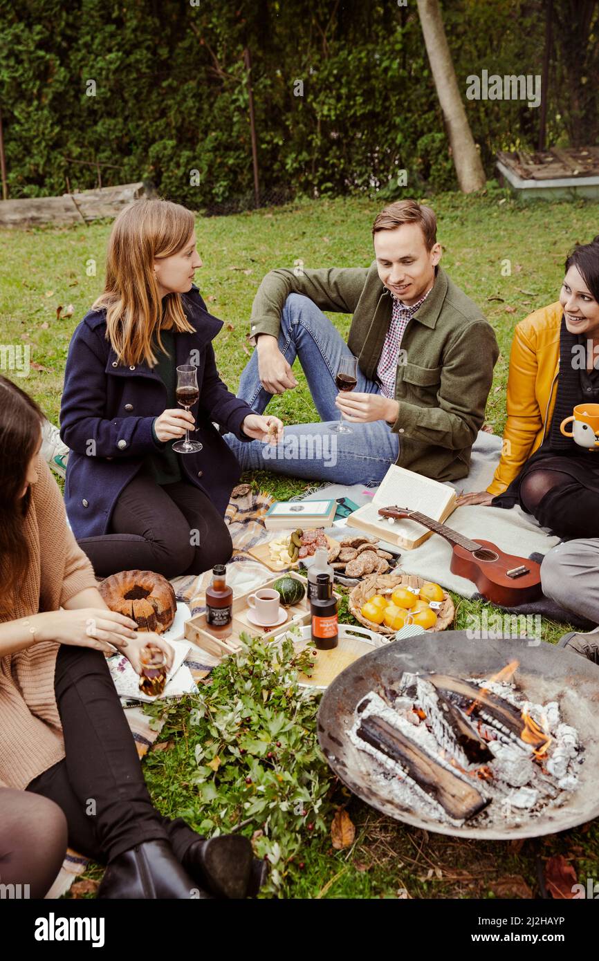 Group of friends enjoying picnic around fire pit in garden Stock Photo ...