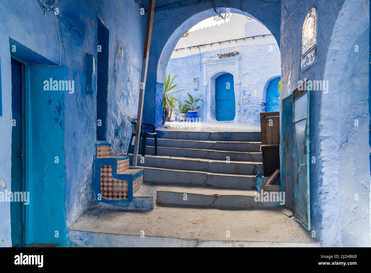 Morocco, Chefchaouen, Narrow steps and traditional blue houses Stock ...