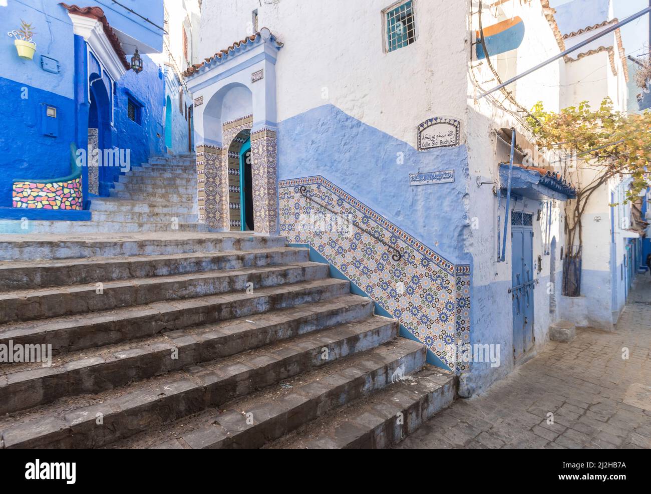 Morocco, Chefchaouen, Steps and traditional blue houses Stock Photo - Alamy