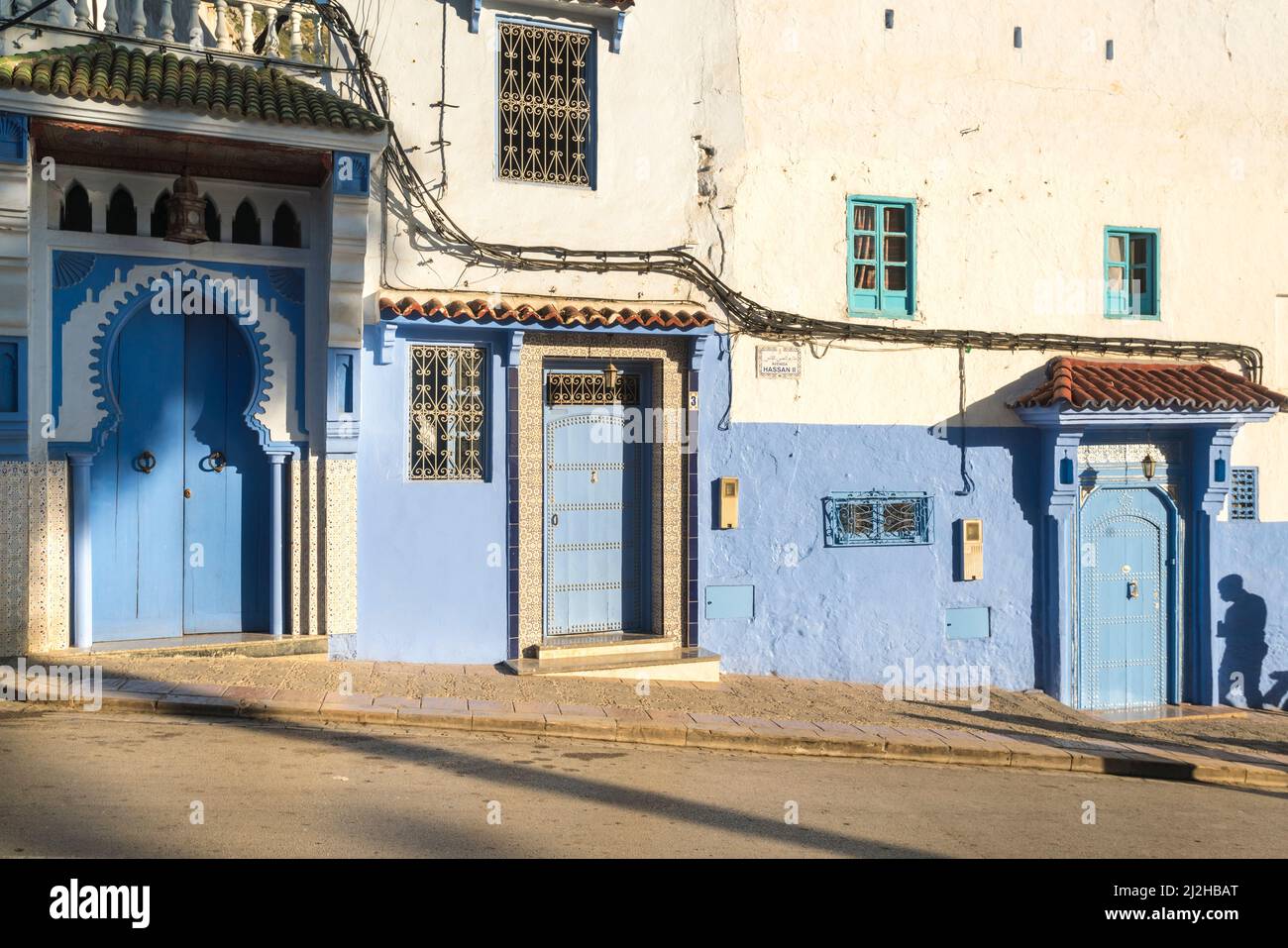 Morocco, Chefchaouen, Exterior of traditional blue residential building ...