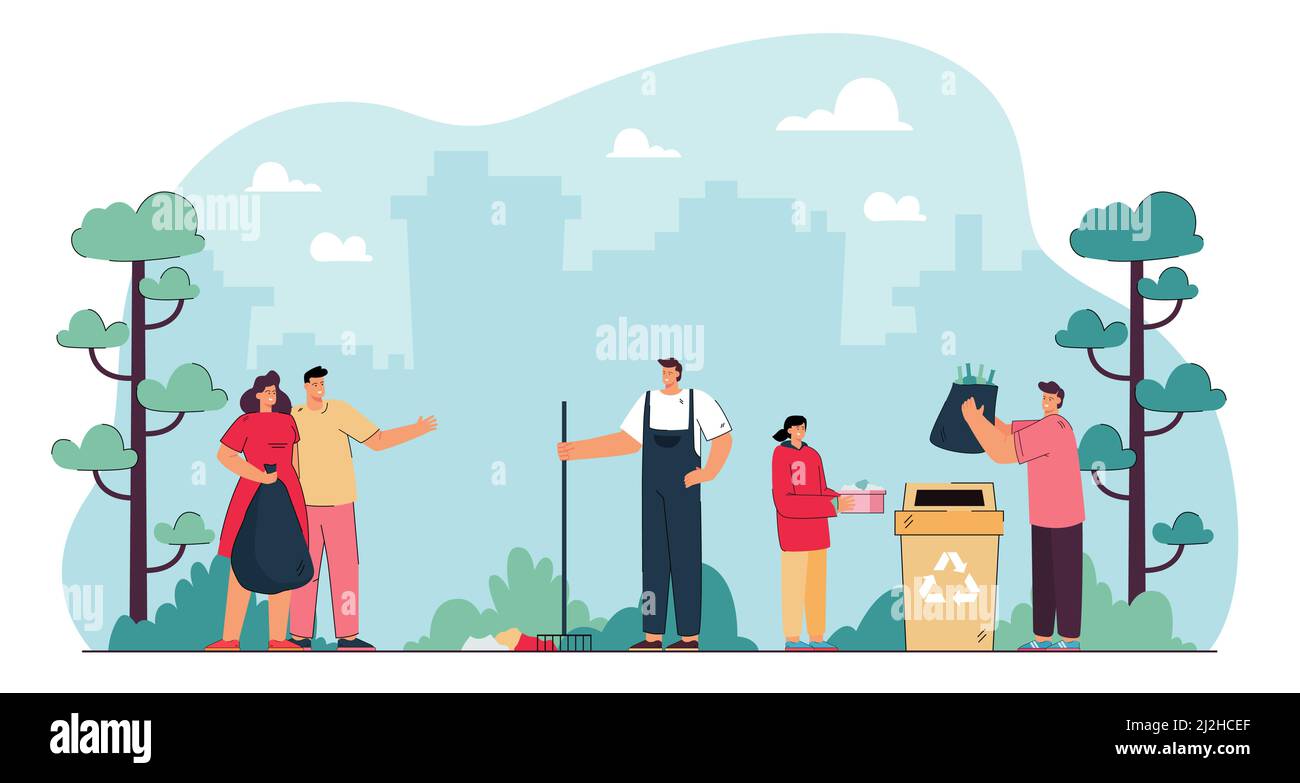 Volunteers cleaning up garbage in city park. Happy people working ...