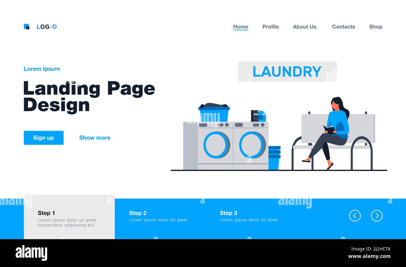 Woman reading book and waiting for her laundry. Room, washing machines ...