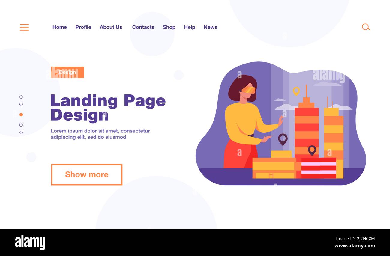 Woman modeling 3d office buildings on table flat vector illustration ...