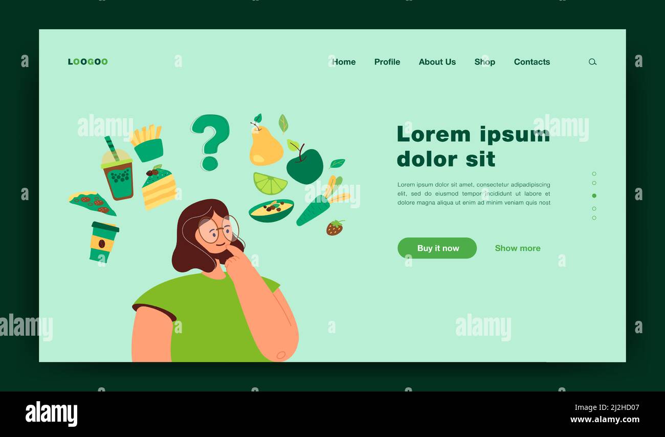 Woman thinking over healthy and unhealthy snacks choice. Organic food ...