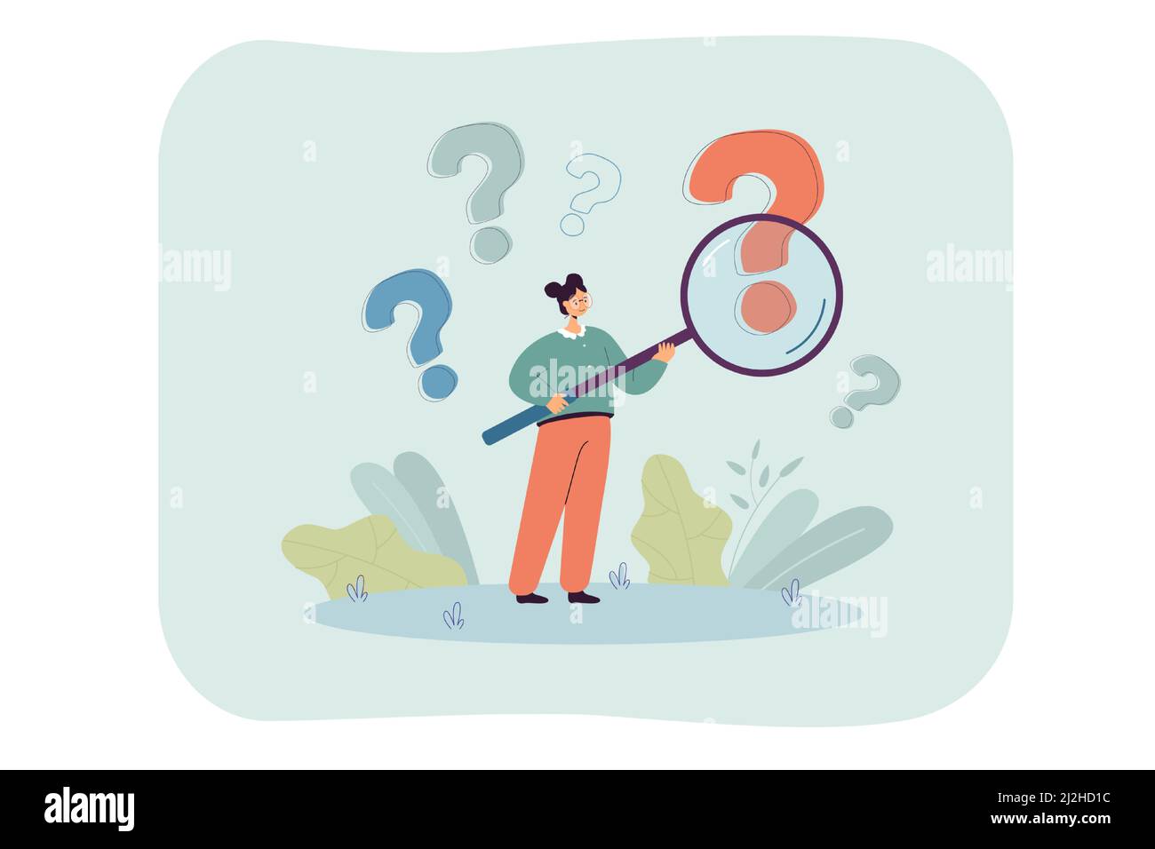 Woman with magnifier analyzing question marks. Curious person ...