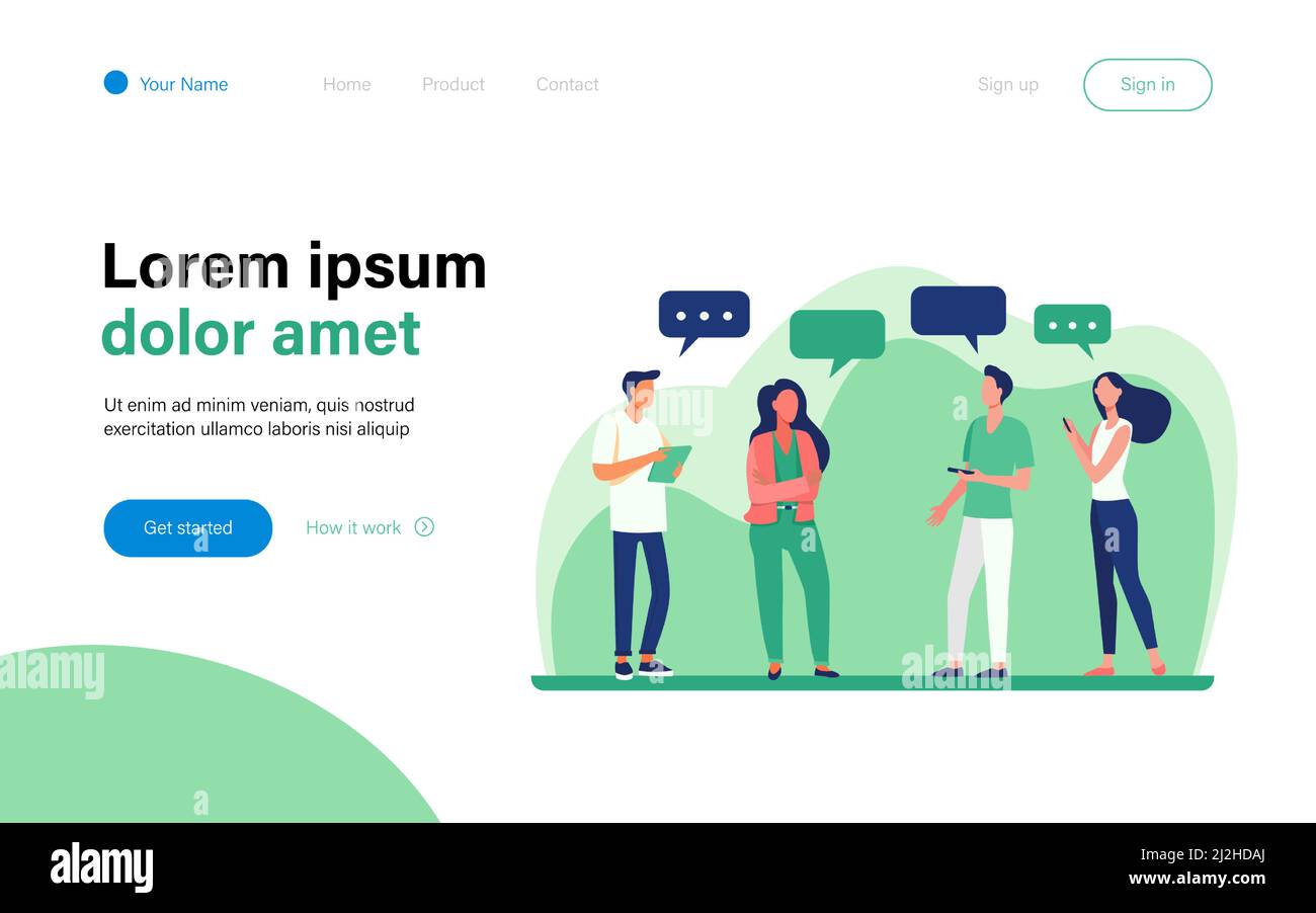 Young people standing and talking each other. Speech bubble, smartphone ...