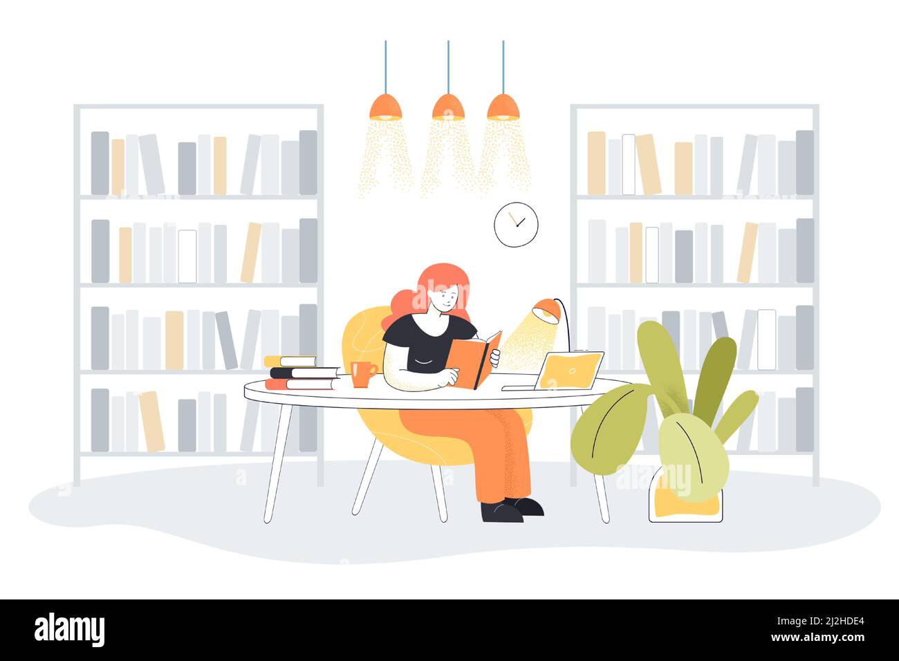 Young woman reading book in library interior. Flat vector illustration ...