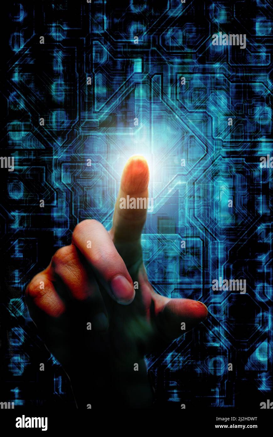 hand touching a screen with technology background Stock Photo - Alamy
