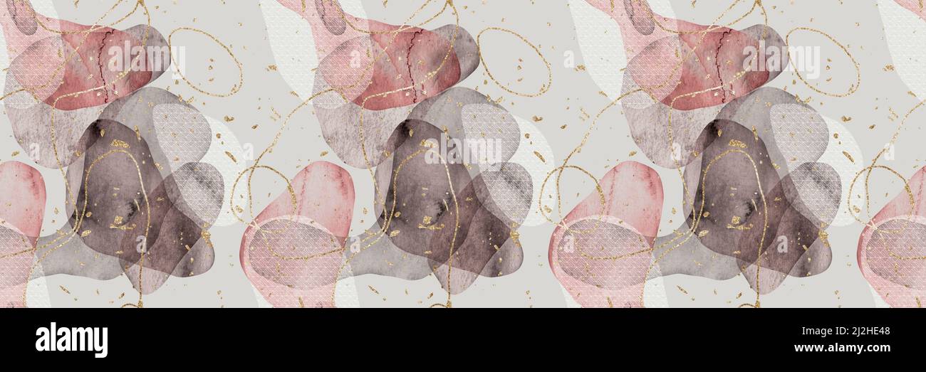 Seamless watercolor abstract organic blob shape overlay with gold lines ...