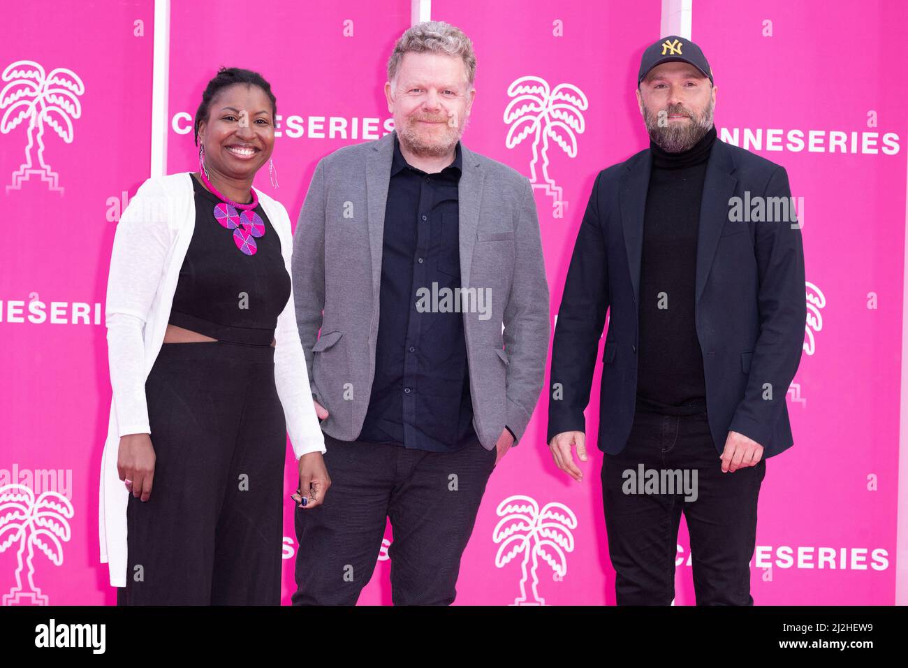 Arnaud Delord and Pascal Charrue pose on the pink carpet during the opening ceremony of the 5th ...