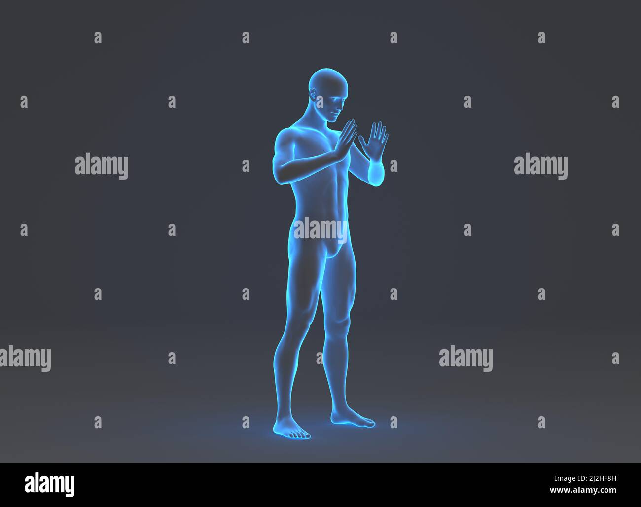 Technological human hologram of a male standing with hands in front of ...