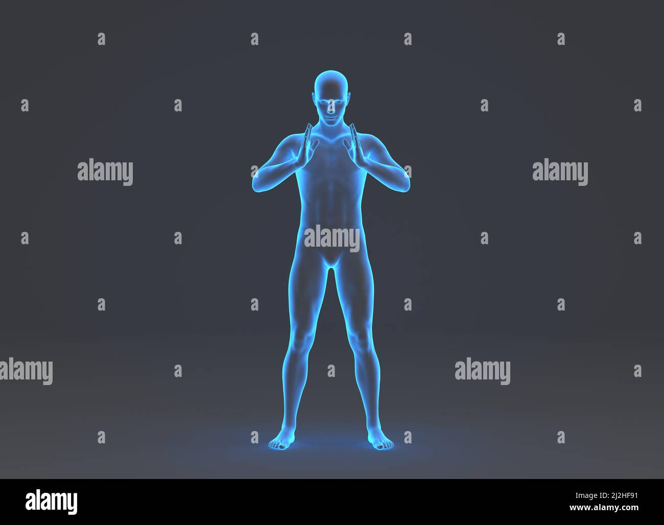 Technological human hologram of a male standing with hands in front of ...