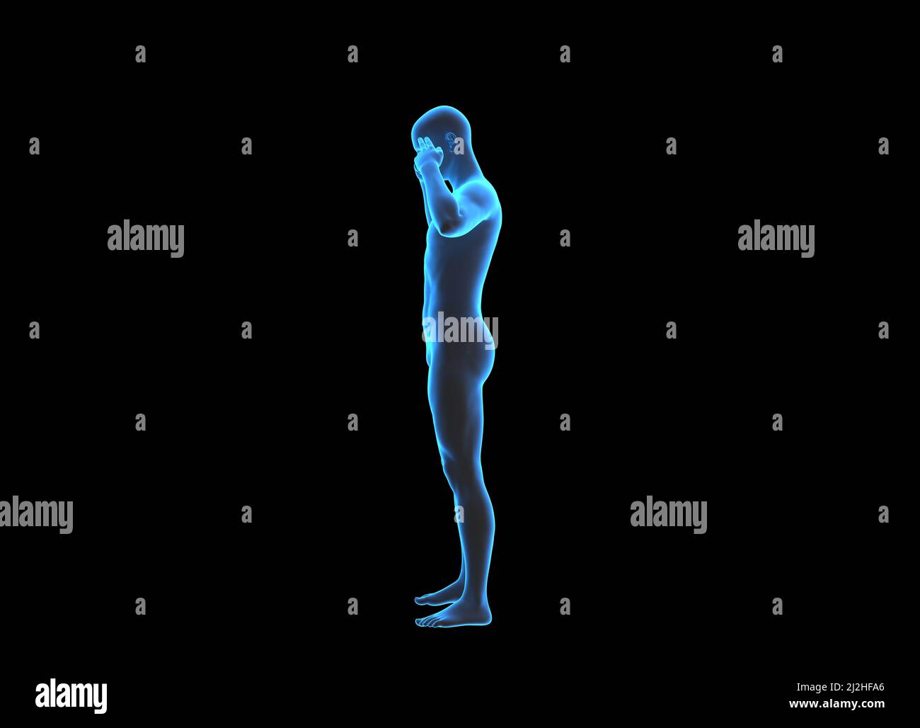 Technological human hologram of a male standing with hands holding his ...