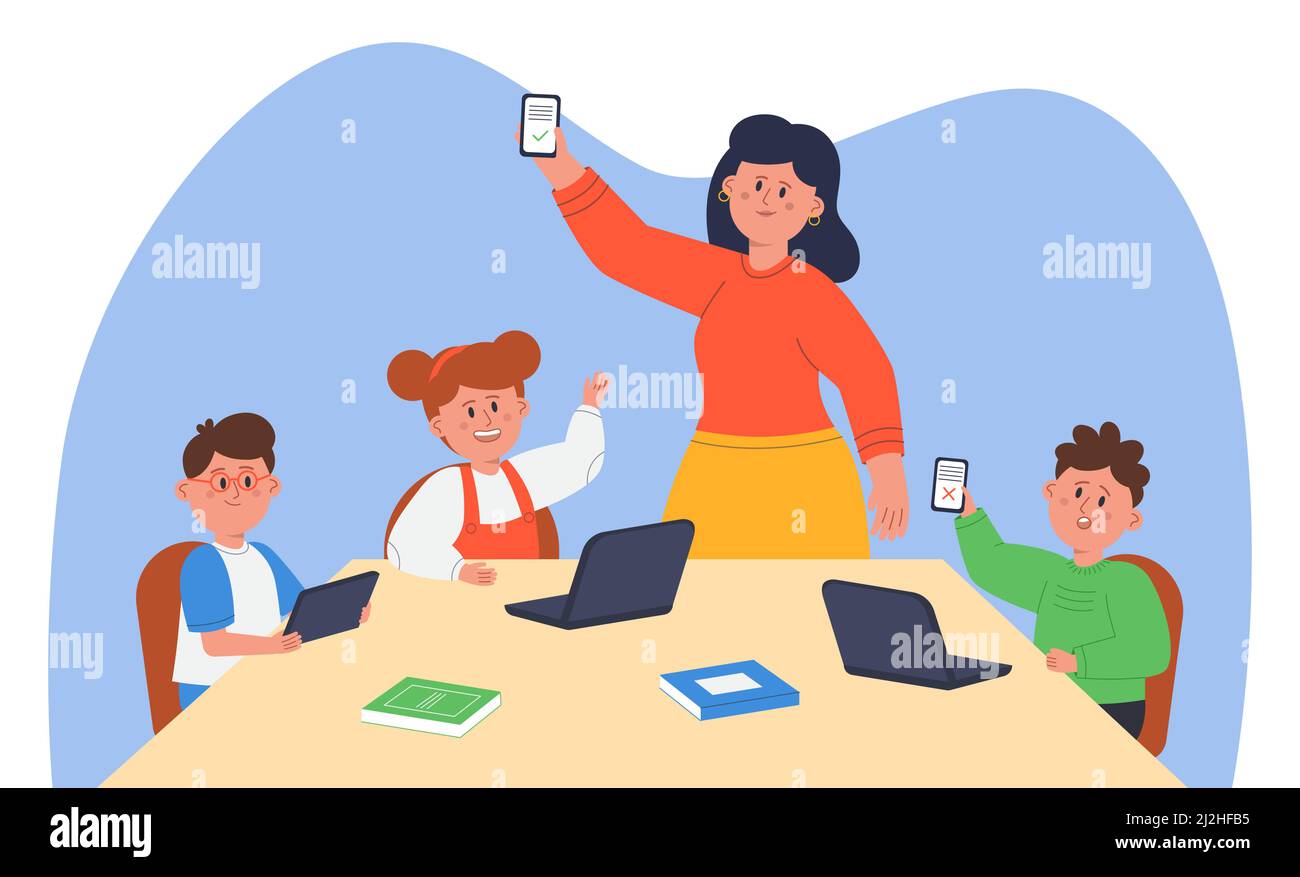 Teacher showing correct answer on phone to children in class. Group of ...