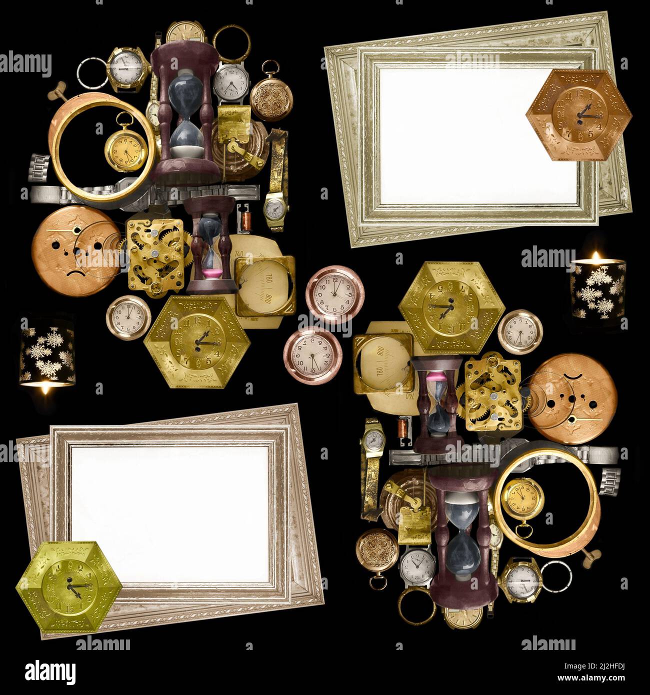 Seamless pattern of old watches and empty frames on a black background ...