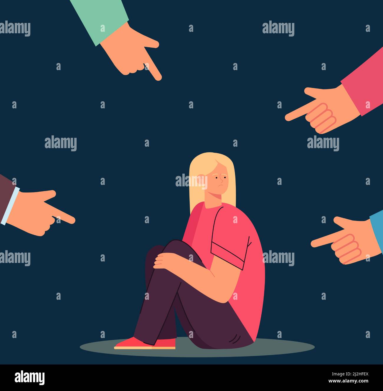 Teenager sitting in center surrounded by hands pointing index fingers ...