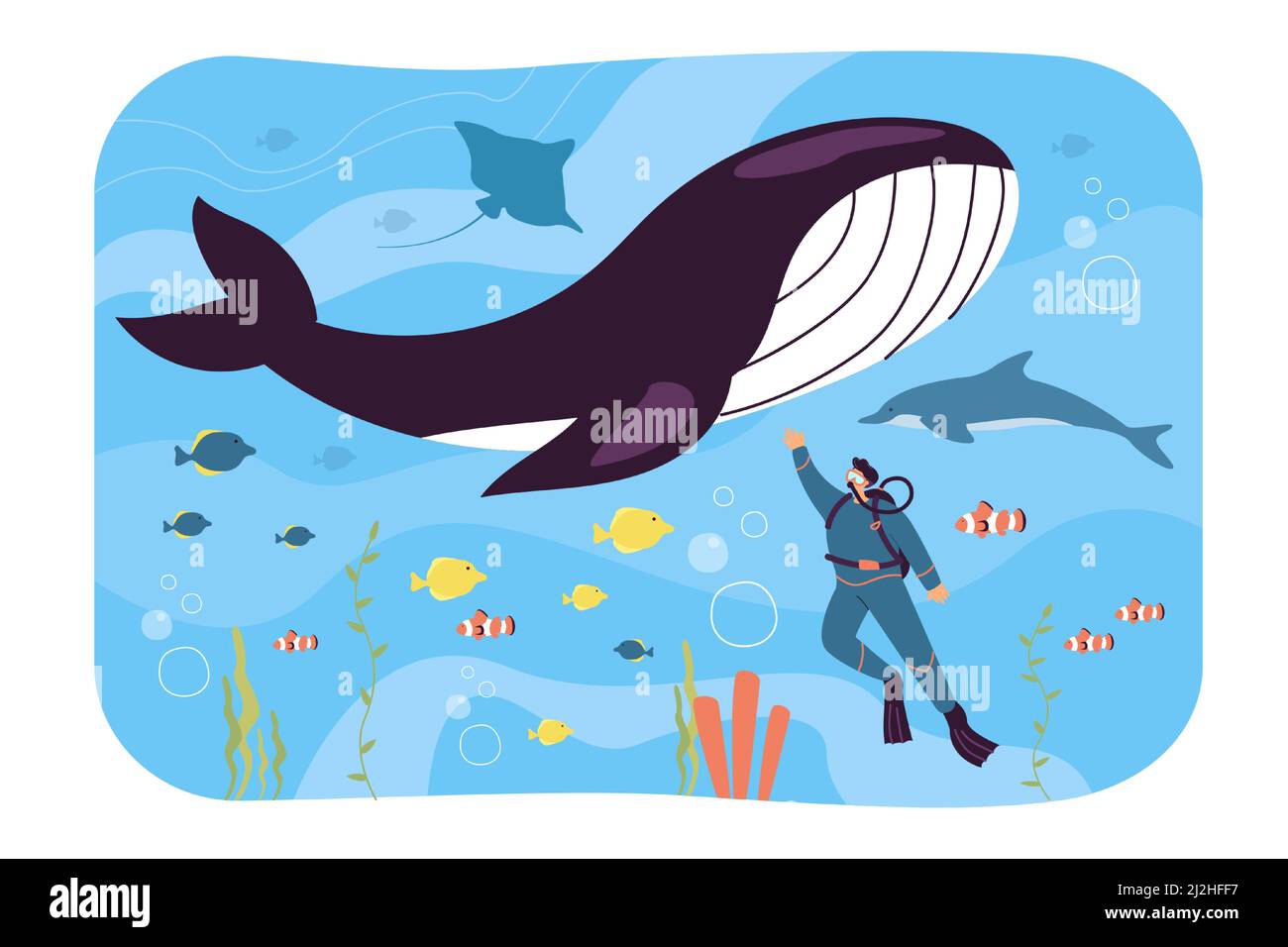 Tiny cartoon scuba diver swimming in ocean or aquarium. Exploration of ...