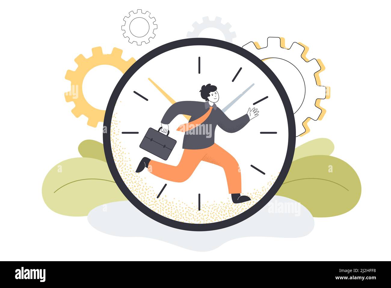 Tiny comic man running in hurry doing job on clock dial background ...
