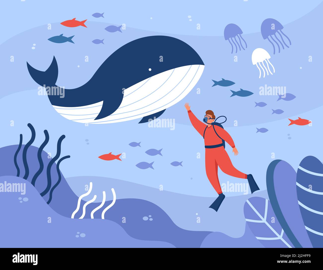 Tiny cartoon scuba diver and whale swimming in sea or ocean. Man in ...