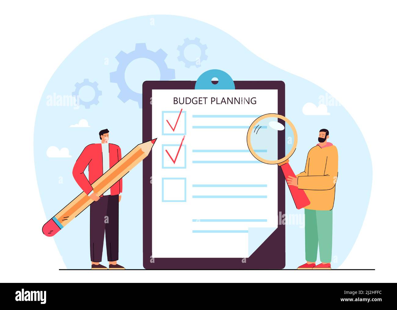 Tiny cartoon business partners planning budget. Businessmen analyzing ...