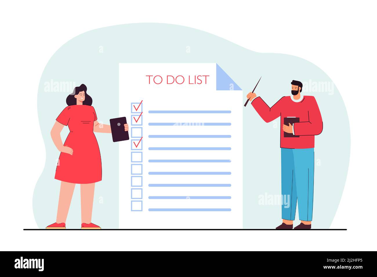 Tiny man and woman standing near to do list. Couple ticking off items ...