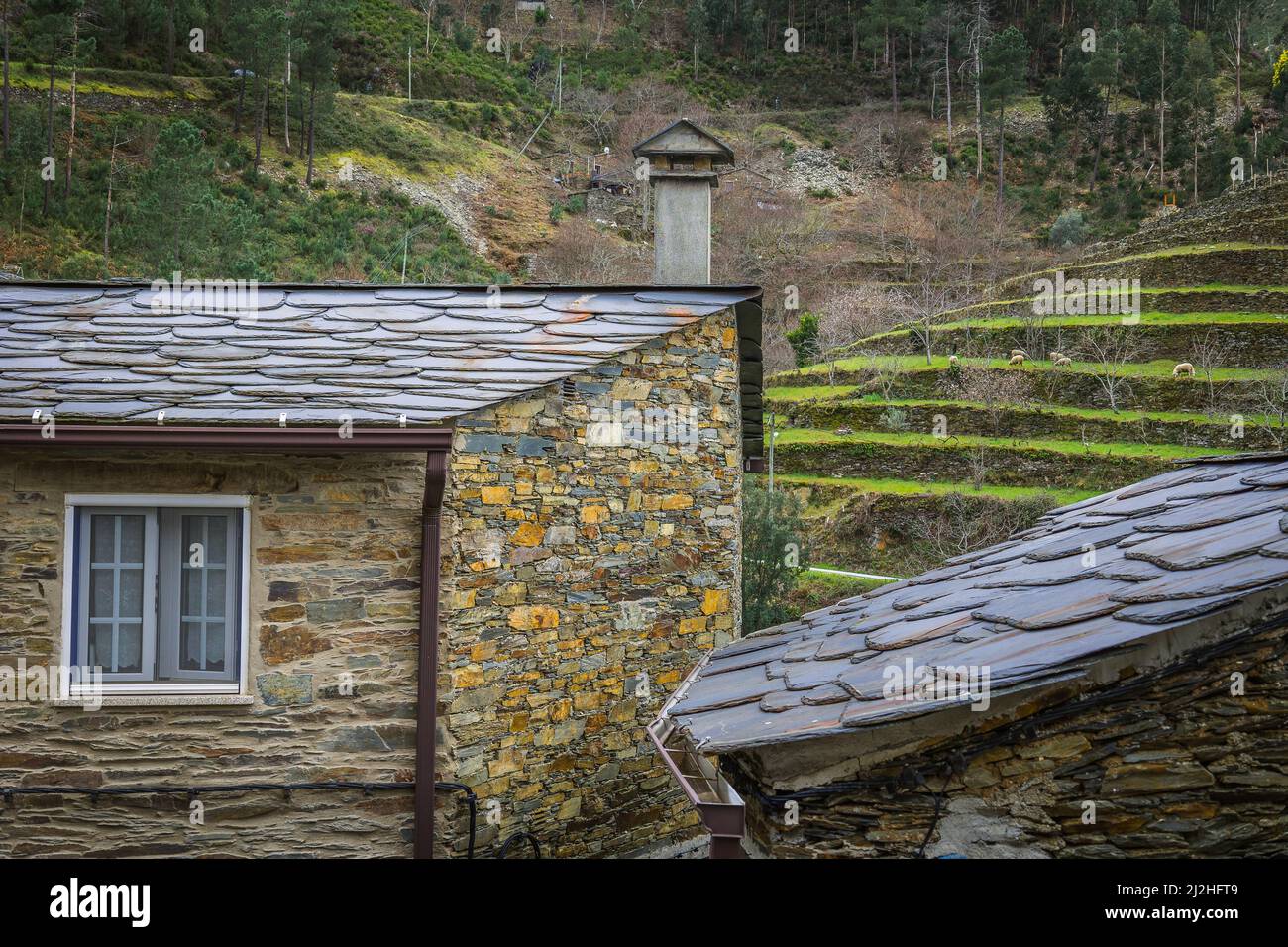 An old stone house in Piodao, Aldeias de Xisto, Portugal. Schist ...