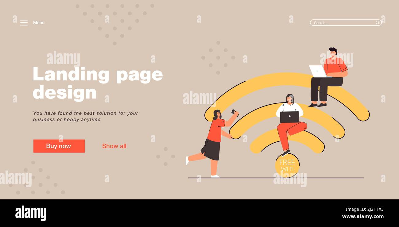 Tiny people communicating via wireless internet. Men and women using ...