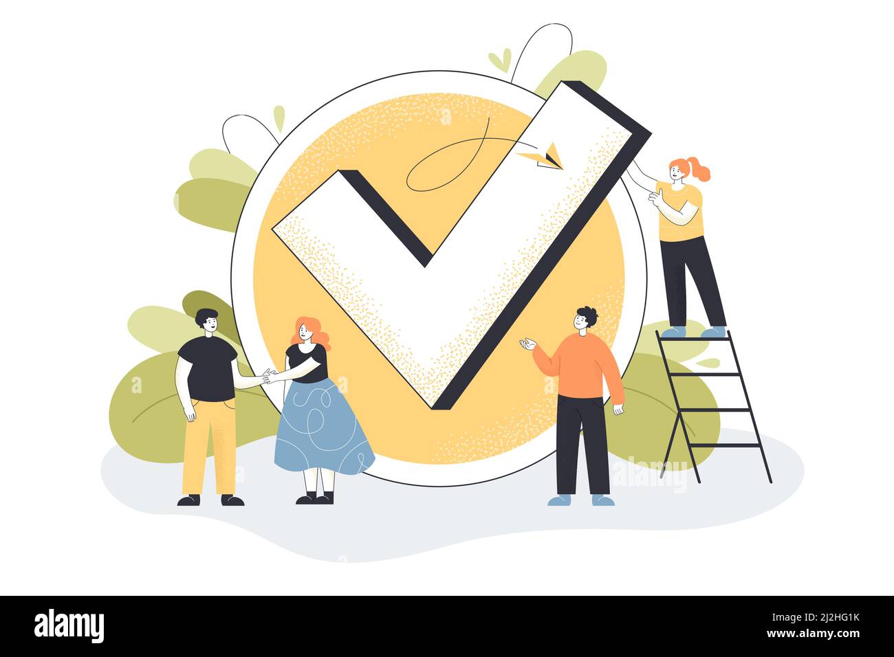 Tiny people standing near big checkmark. Team of male and female ...