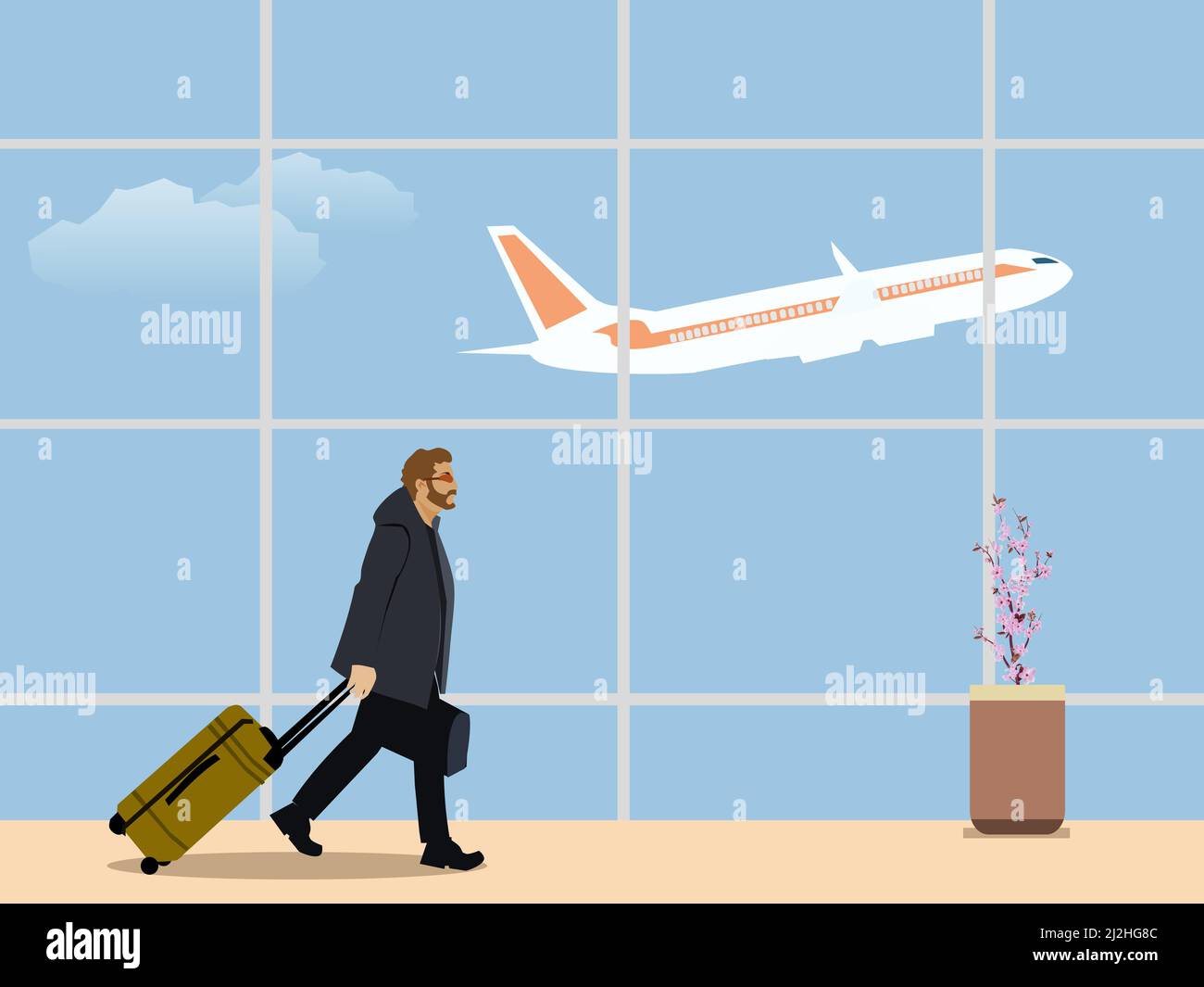 Business man walking with wheeled luggage in airport to get on plane ...