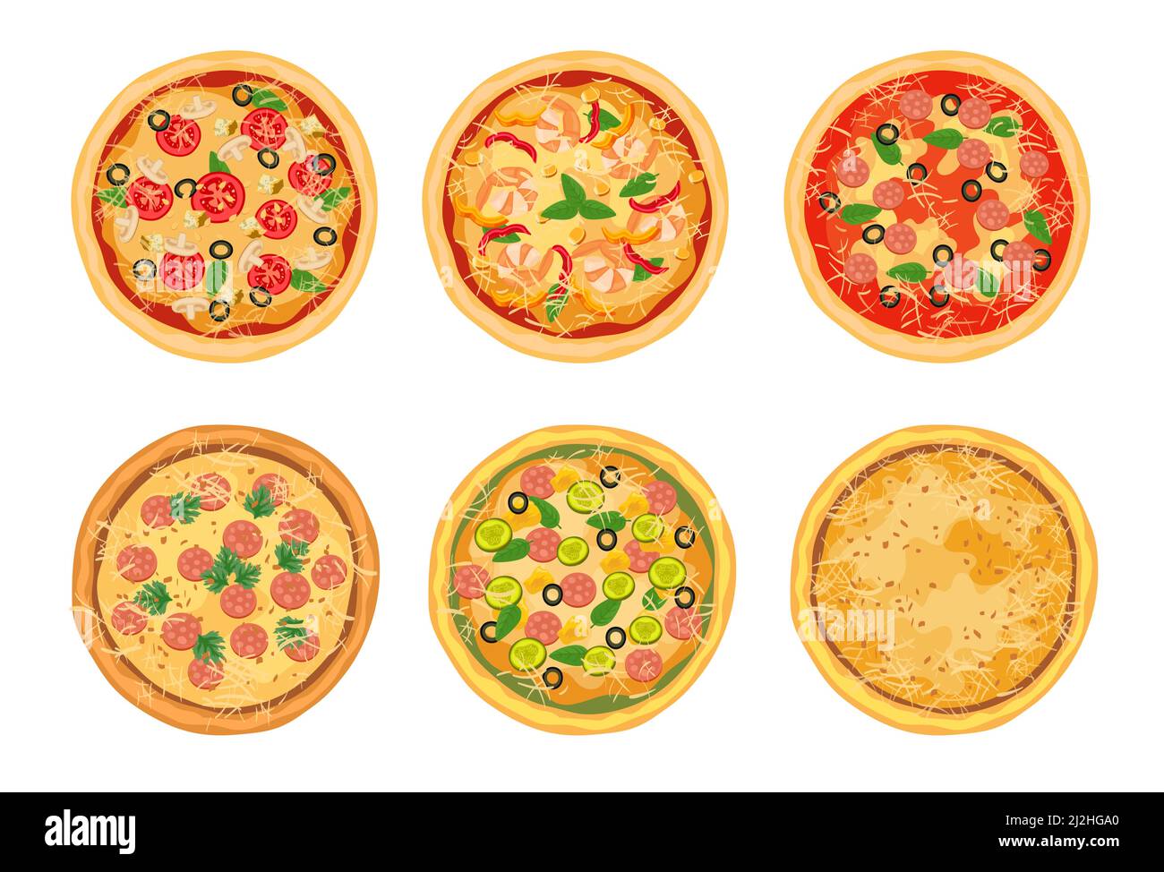 Top view of different pizzas vector illustrations set. Pepperoni ...