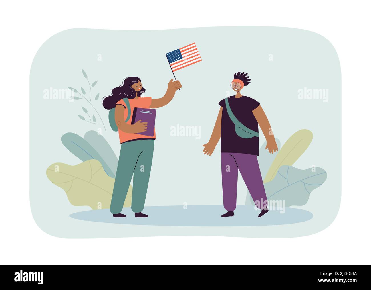 Two black female students meeting. Girl with backpack holding American ...