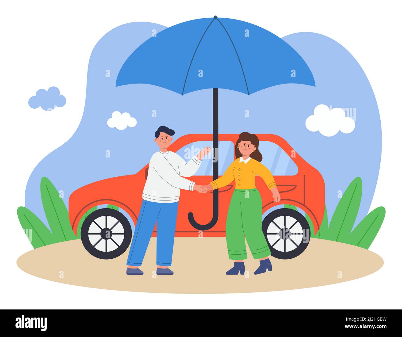 Umbrella covering cartoon car insurance agent and female driver ...