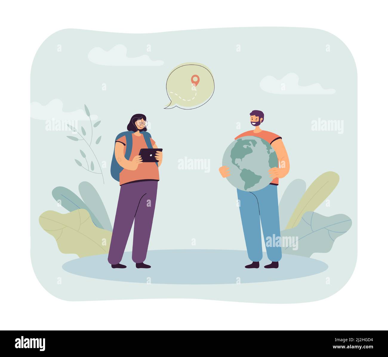 Tourists using navigation app in tablet or navigator with map. Woman ...