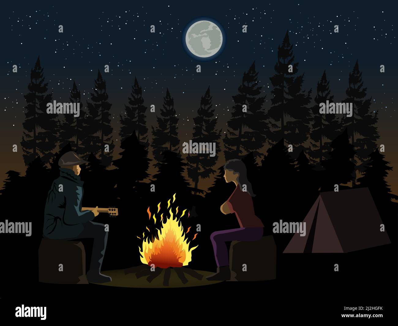Couple sitting in front campfire Stock Vector Images - Alamy
