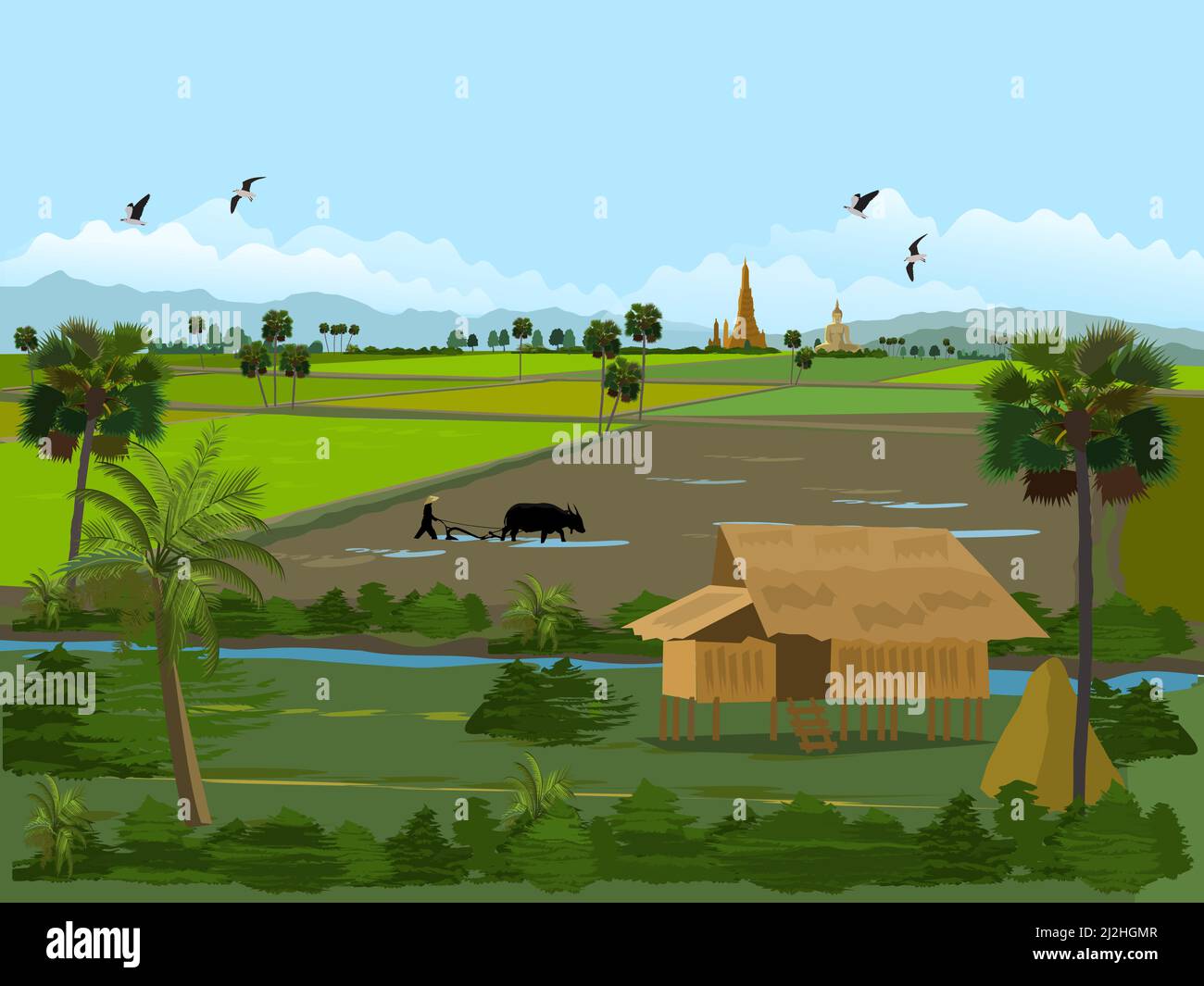 Field trees rural houses Stock Vector Images - Alamy