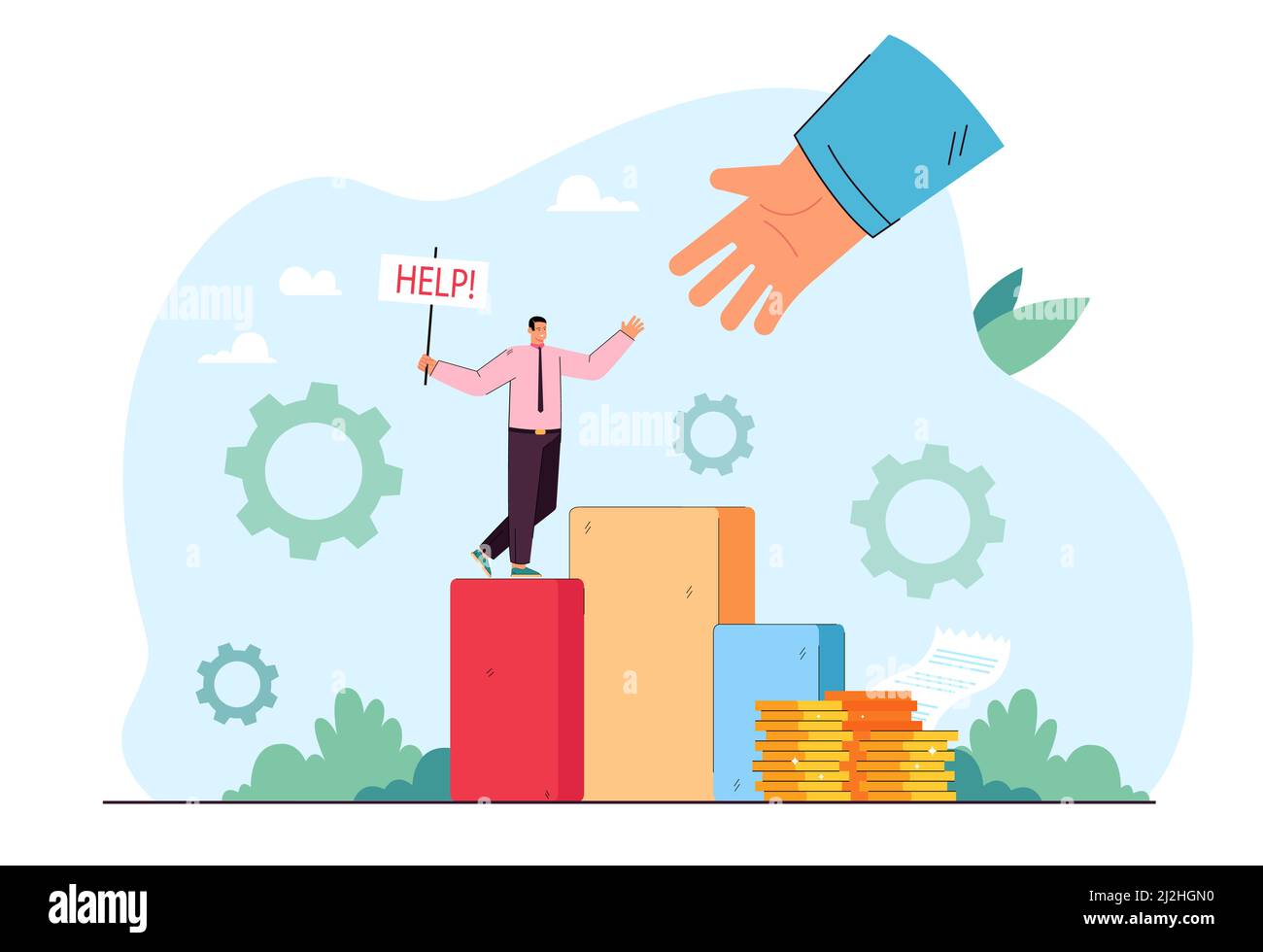 Businessman asking for help. Huge hand rescuing man in emergency flat ...